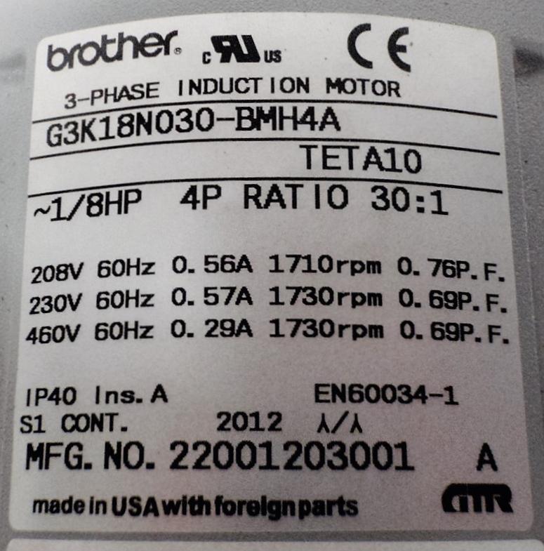 Brother G3K18N030-BMH4A 3-Phase Induction Motor | Garden City Plastics