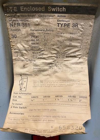 ITE NFR-351 Enclosure Type 3R Enclosed Safety Switch | Garden City Plastics