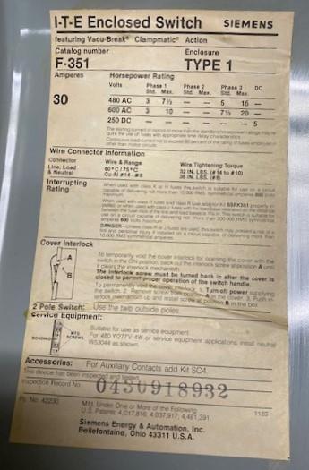 Siemens F-351 Type 1 ITE Enclosed Fusible Safety Switch | Garden City ...