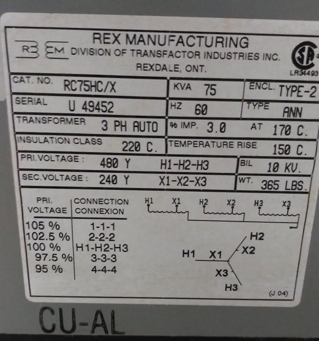 Rex Manufacturing RC75HC/X 75 kVA, Type-2 Transformer | Garden City ...