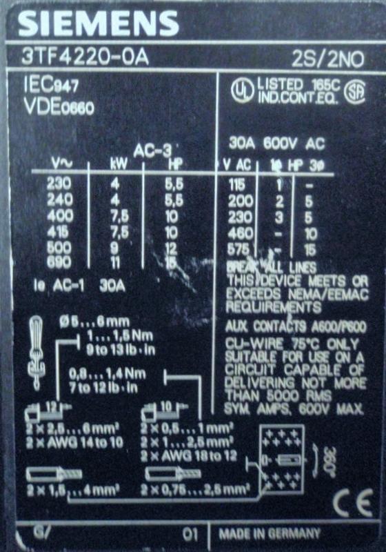 Siemens 3TF42 20-0AG1 Motor Contactor | Garden City Plastics