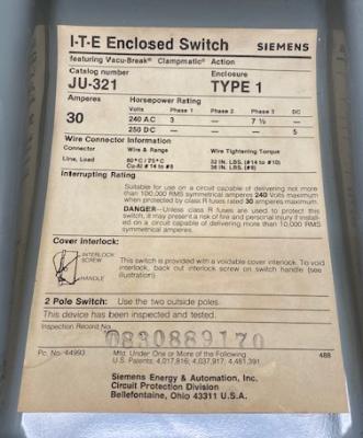 Siemens JU-321 Type 1 ITE Enclosed Safety Switch | Garden City Plastics