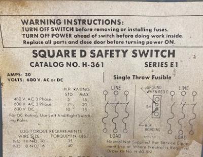 Square D H-361 Series E1 Safety Switch | Garden City Plastics