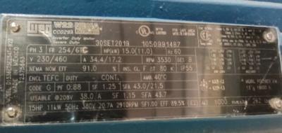 WEG 01536ET3E254T-W22 15 HP Inverter Duty AC Motor | Garden City Plastics